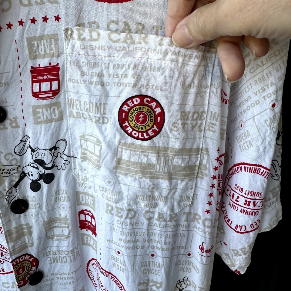 Men's Disney Parks Sz M DCA Button Down Short Sleeve Red Car Trolley Shirt Rayon | eBay