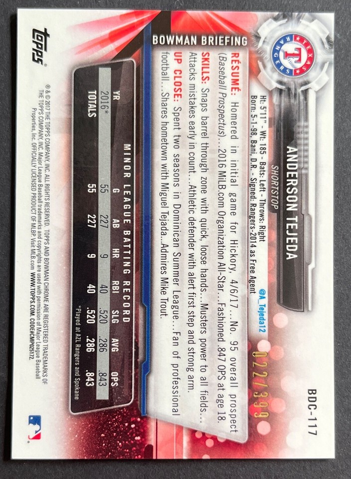 Anderson Tejada 2017 Bowman Draft Chrome SKY BLUE REFRACTOR BDC-117 / ...