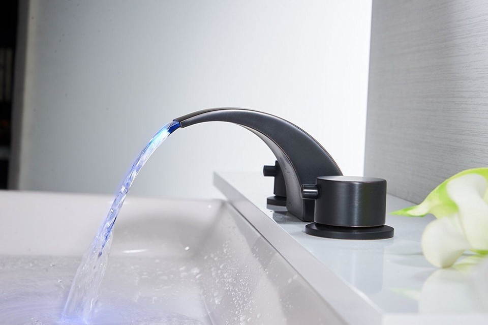 Black 8 In Widespread LED Bathroom Basin Faucet Waterfall Vanity Sink ...