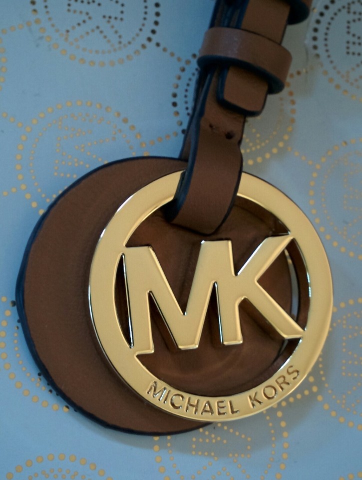 MICHAEL KORS GOLD MK LOGO CHARM / ACORN BROWN GENUINE LEATHER STRAP ...