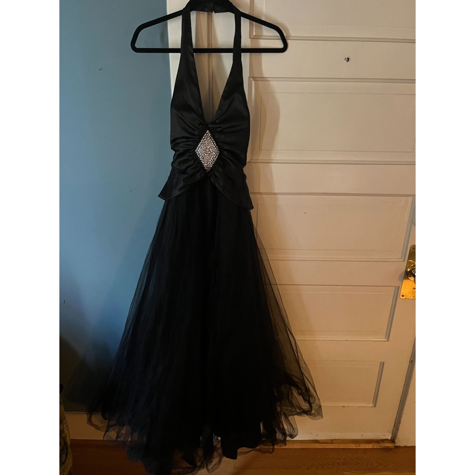 Vintage 90s Black Goth Halter Top Ball Gown with Rhin… - Gem