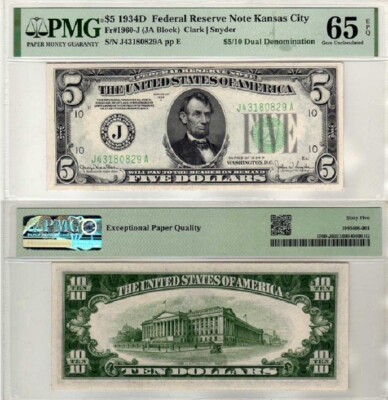 Fr. 1960-J $5/$10 1934 D FRN Dual Denomination ERROR PMG Gem 65 EPQ. | eBay