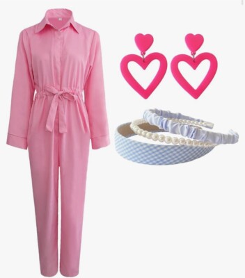 Womens Pink Cosplay Outfit Jumpsuit Coveralls 70s 80s Halloween Barbie ...