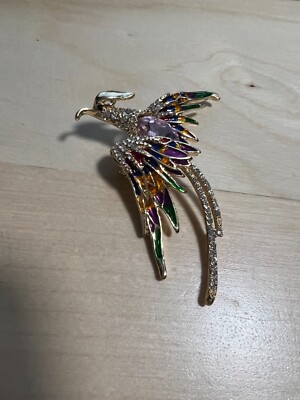 Crystal Phoenix Bird Brooch Pin Gold Tone Multi Color Rhinestone Enamel ...