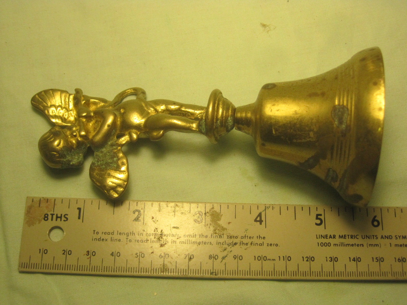 vintage solid brass angle figural cherub bell ring ding 5 3/4" dinger ...