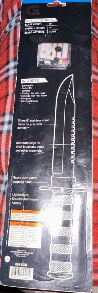 8" Survival/Hunting Knife: Sewing Kit/Fishing Line/Hook/Compass/Matches ...