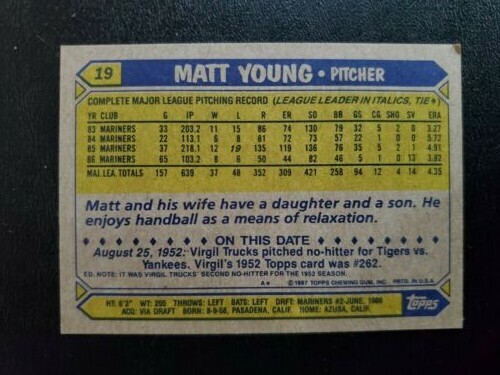 1987 Topps - Matt Young - Seattle Mariners - # 19 | eBay