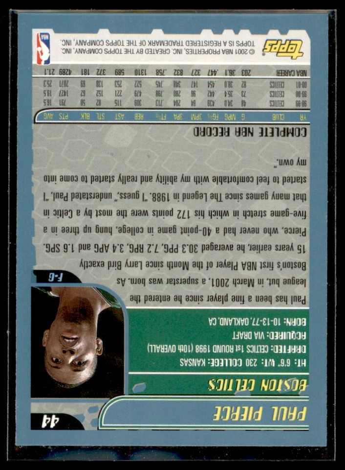 2001-02 TOPPS PAUL PIERCE BOSTON CELTICS #44 | eBay