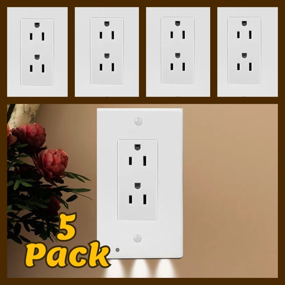 5 Pack Outlet Cover Built-In LED Night Light Bulbs Wall Plate Square ...