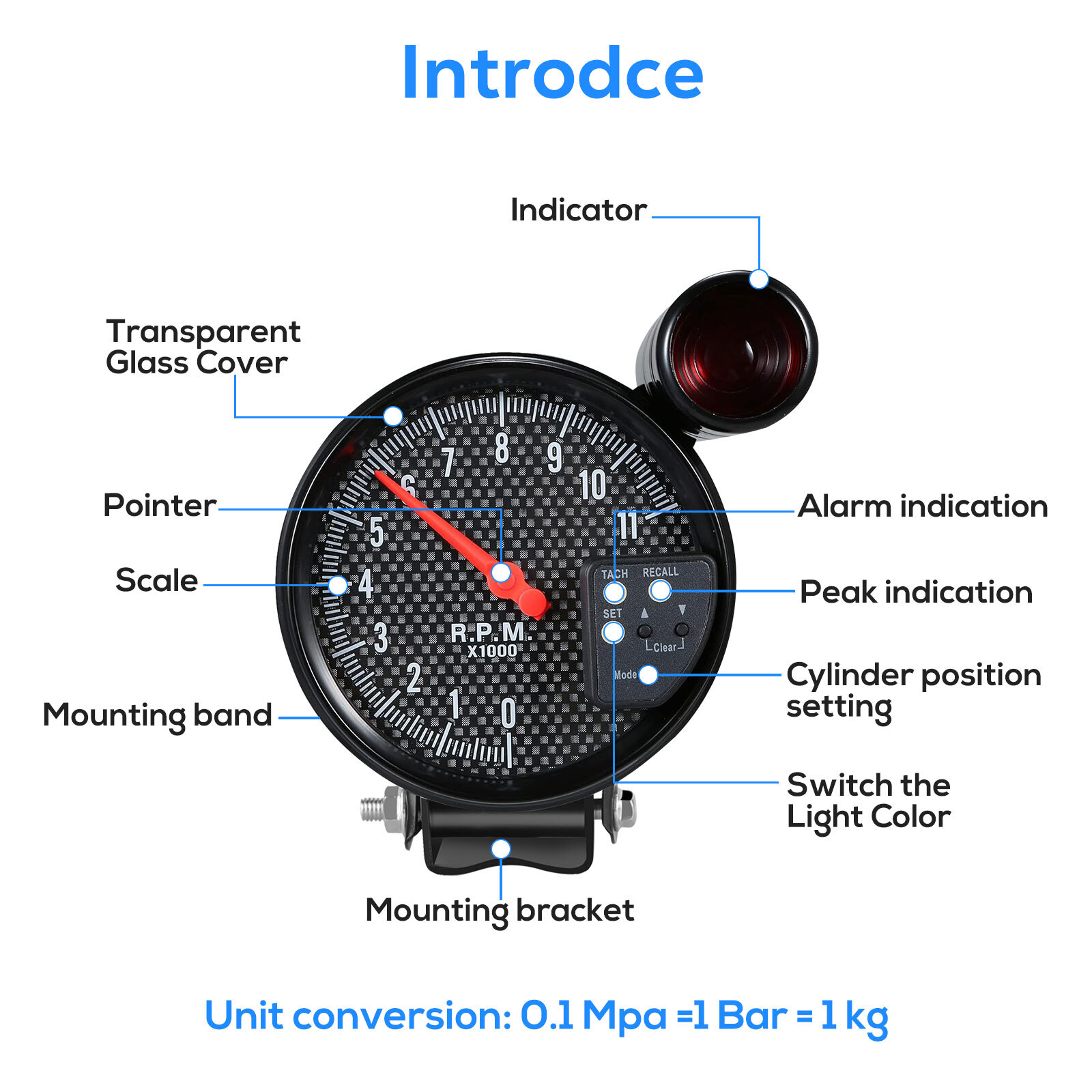 5inch Tachometer Gauge 7Color Backlit 0-11000 RPM Meter Kit with Shift ...