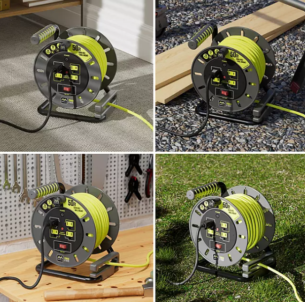 Masterplug 50ft Extension Cord Reel with 4 Sockets and Wall Mount, 13A ...