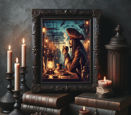 Captain Jack Sparrow pirate Ship Drinking tea Coffee Vintage decor art ...