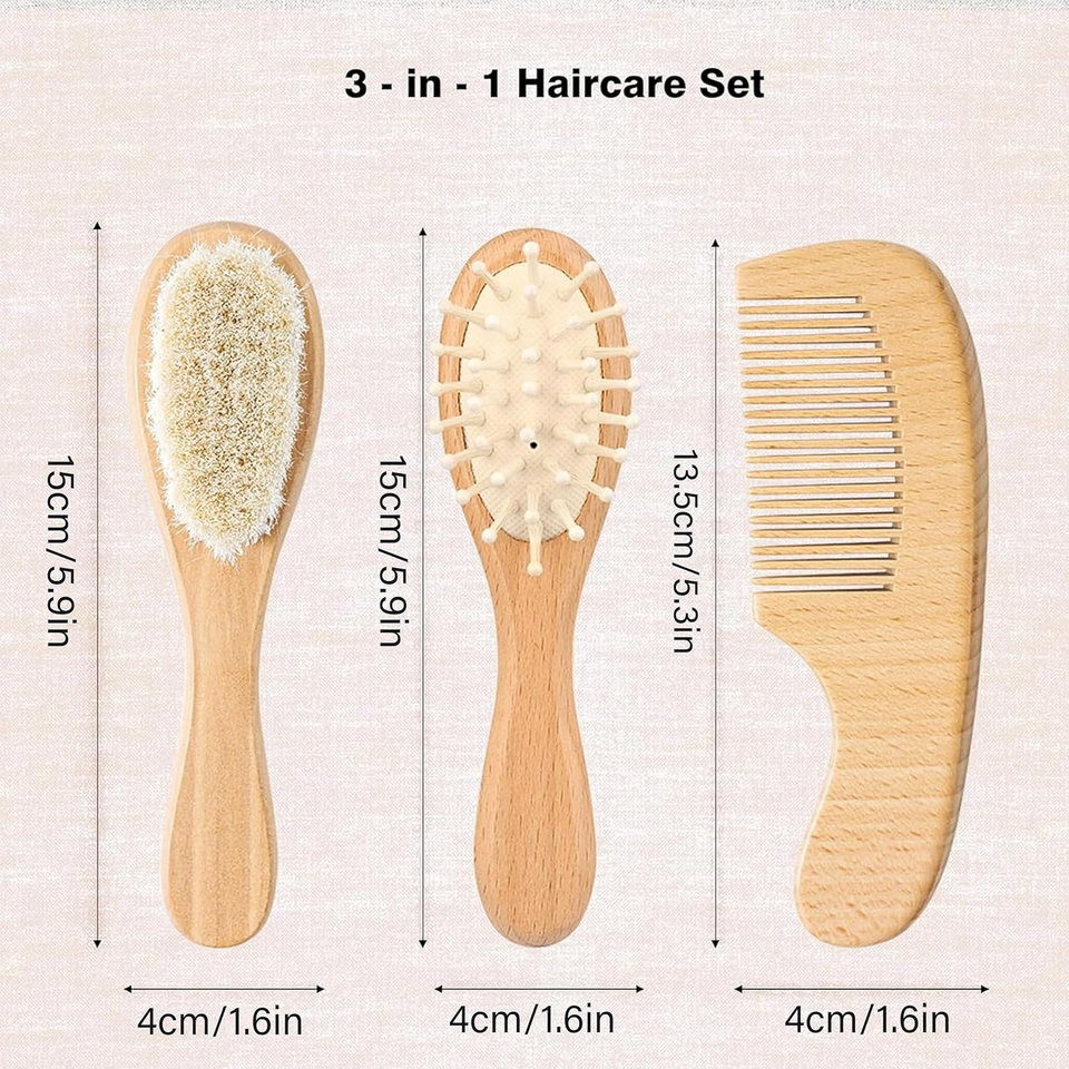 Natural Wooden Baby Grooming Set, 3-Piece with Goat Hair Brush, Comb ...