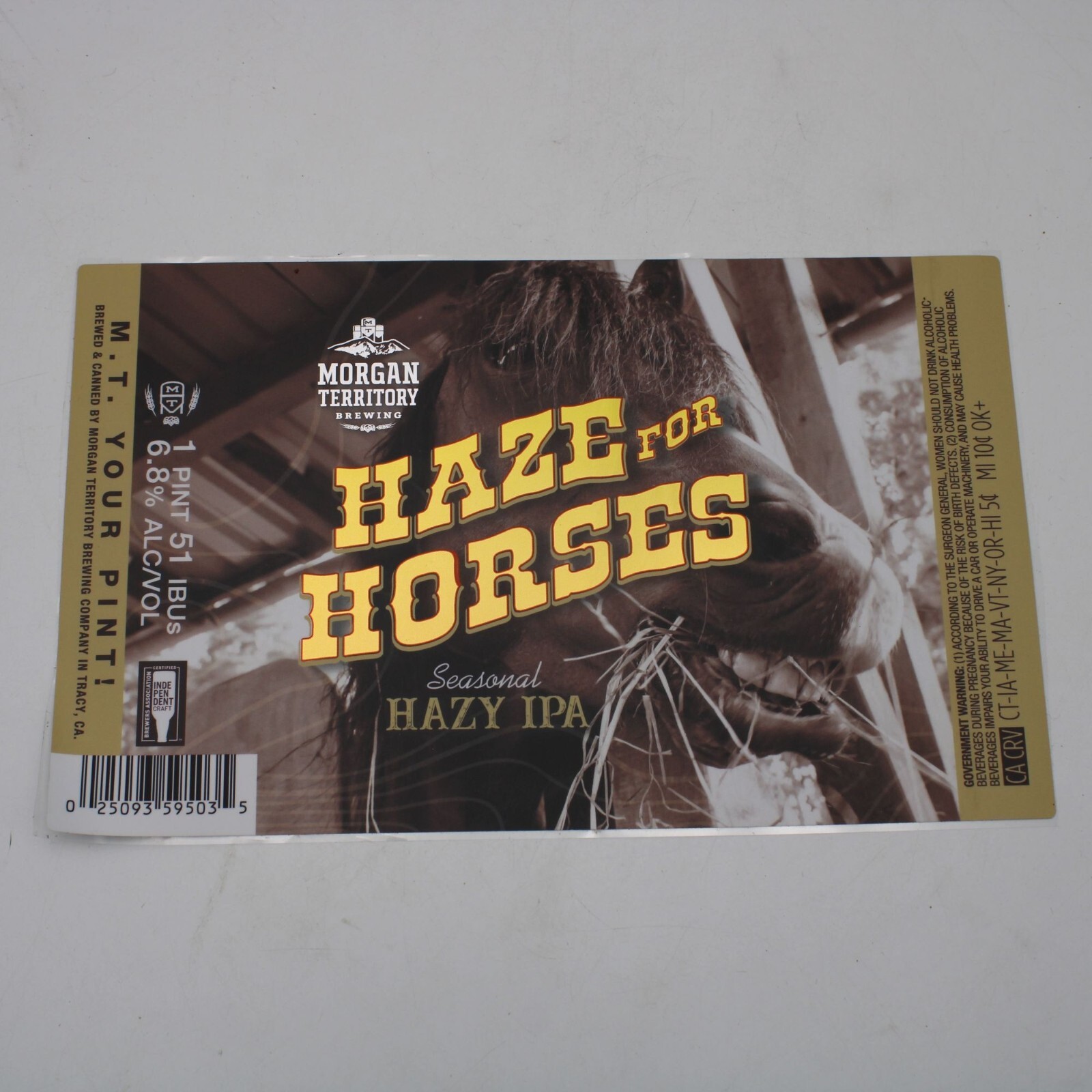 Morgan Territory Brewing Co Haze For Horses IPA Unused Beer Can Label ...