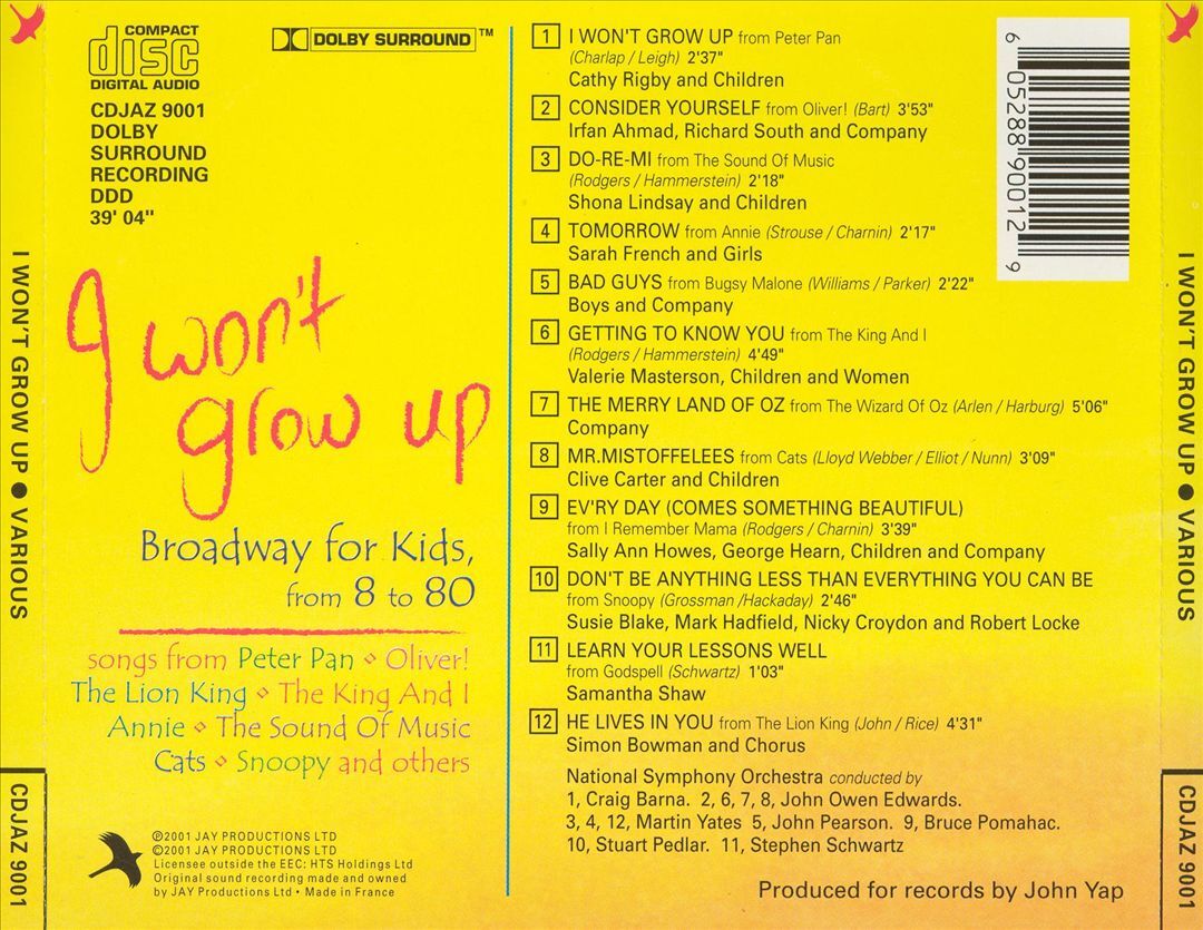 VARIOUS ARTISTS I WON'T GROW UP: BROADWAY FOR KIDS NEW CD 605288900129 ...