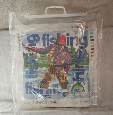 Vintage 1976 14"x14" Accent Studios Needleprints ~ "Fishing ...