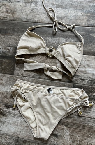 St. John Gold Metallic Triangle Bikini Sz. 6 Tied Hip Sexy Beach Swim ...