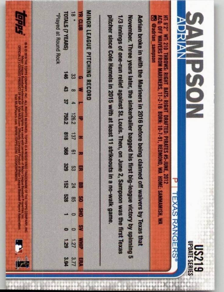 2019 Topps Update Adrian Sampson Rookie #US219 RC Texas Rangers | eBay