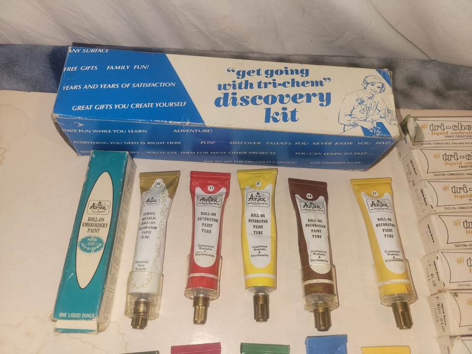 72 VTG Artex Tri-Chem Liquid Embroidery Tubes Paint NOS & Used Extras ...