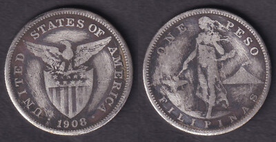 1908-S 1 Peso US-Philippine United States of America Coin Sea Salvage # ...
