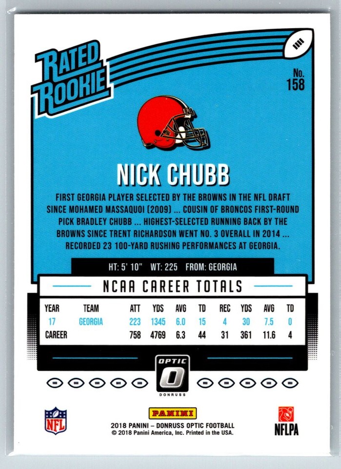 2018 Donruss Optic Rated Rookie Nick Chubb #158 Rookie RC Browns TC923 ...