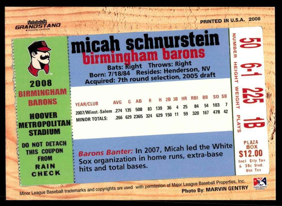 2008 Grandstand Birmingham Barons Micah Schnurstein Birmingham Barons # ...