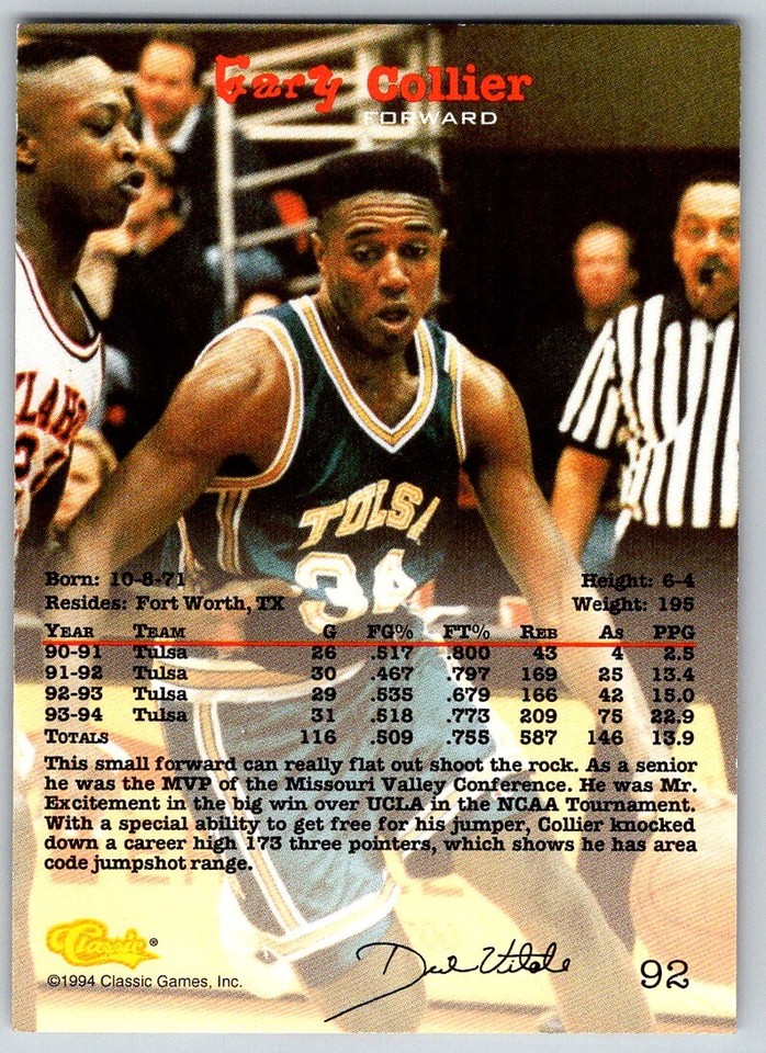 1994-95 Classic Draft GARY COLLIER #92 Tulsa Golden Hurricane | eBay