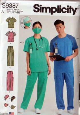 Simplicity 9387 Scrubs Cap Face Cover Medical Uniform Pattern Unisex 6 ...