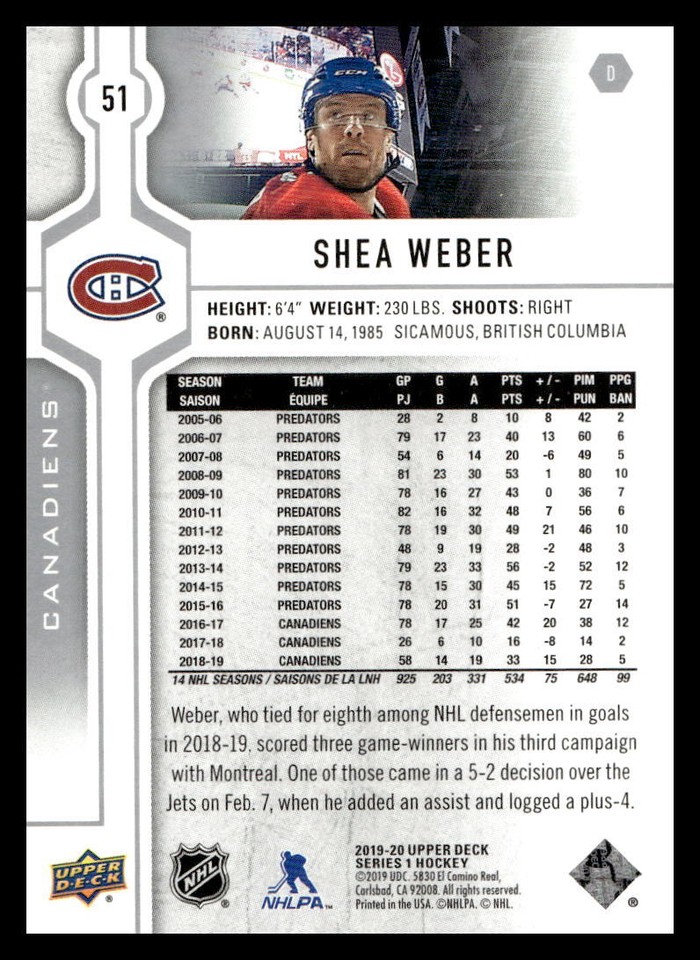 2019 Upper Deck #51 Shea Weber Montreal Canadiens | eBay