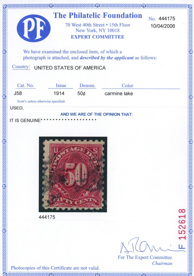 USA Scott# J58 USED, Sound, NOT a Precancel, PFC Certificate SCV $1700 ...