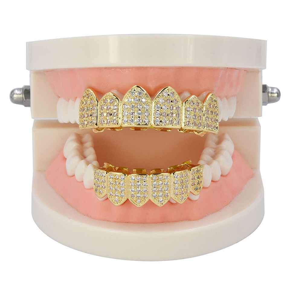 Hip Hop 925 Silver Simulated Diamonds Custom GRILLZ Teeth Top Bottom ...