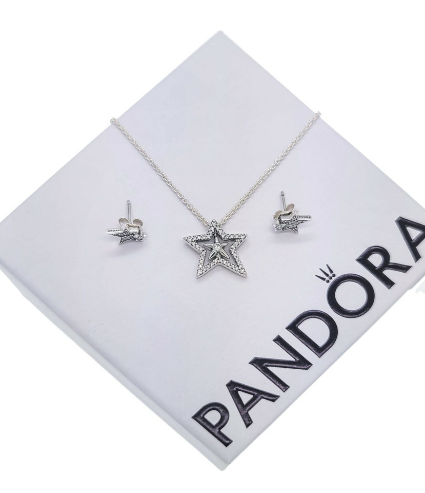 NEW 100% Authentic PANDORA Sparkling Pavé Star Necklace Stud Earring ...