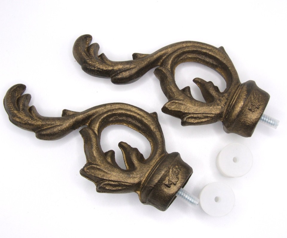 Kirsch Wrought Iron Leaf Scroll Finials 56352 801 Iron Gold Pair | eBay
