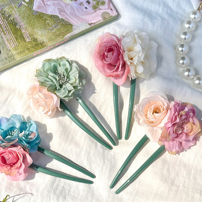 Rose U-shaped Hairpin Hairwear Women Bicolor Flower Disk Hairstick ...