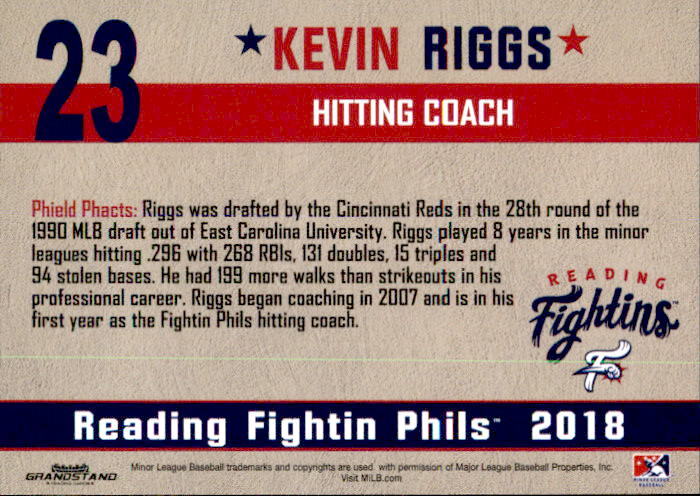 2018 Reading Fightins Update Grandstand #31 Kevin Riggs Coach Baseball ...