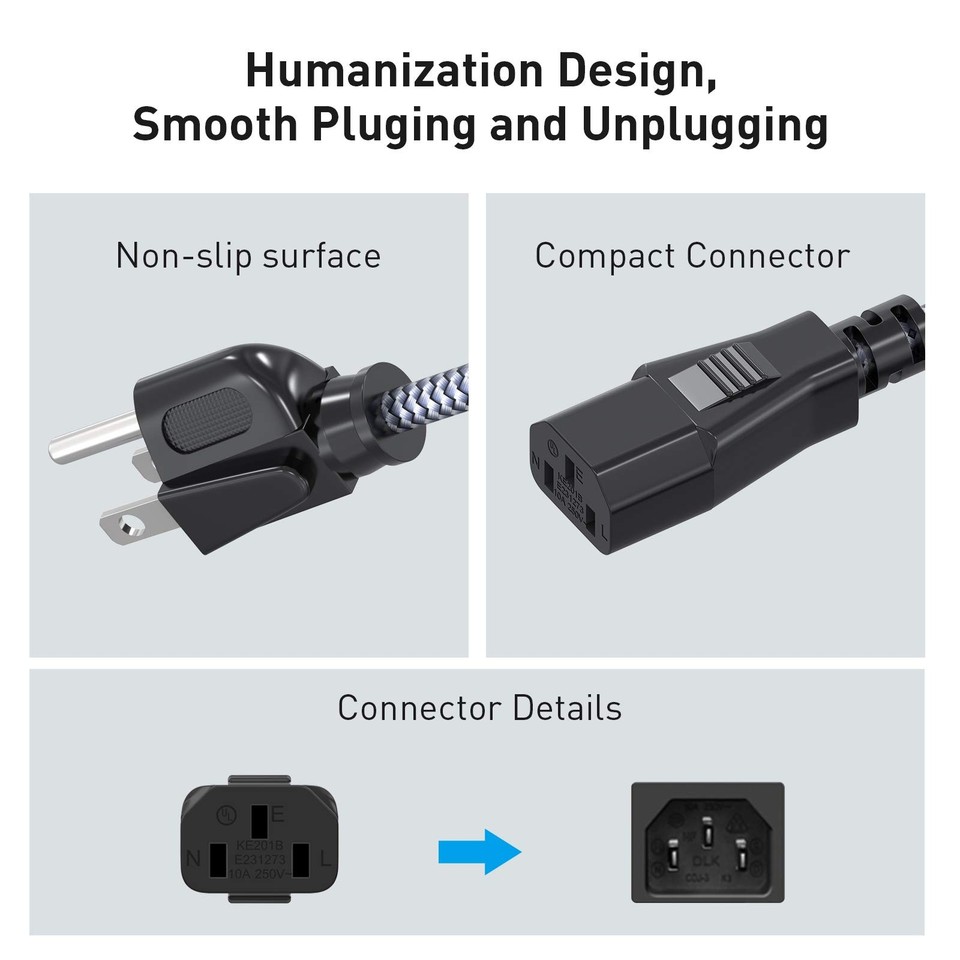 Power Cord 3 Prong AC Power Cable 3.3FT/1m Nylon Braided 3 Pin Power ...