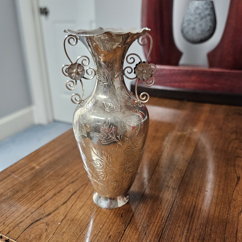 Antique Chinese Silver Vase Engraved With Applied Flowers Hand Hammered ...
