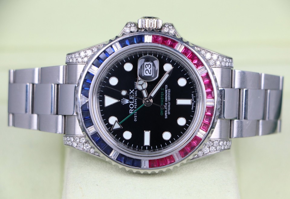 Rolex 40mm GMT Master II Customized Sapphire Ruby Bezel Diamond Watch ...