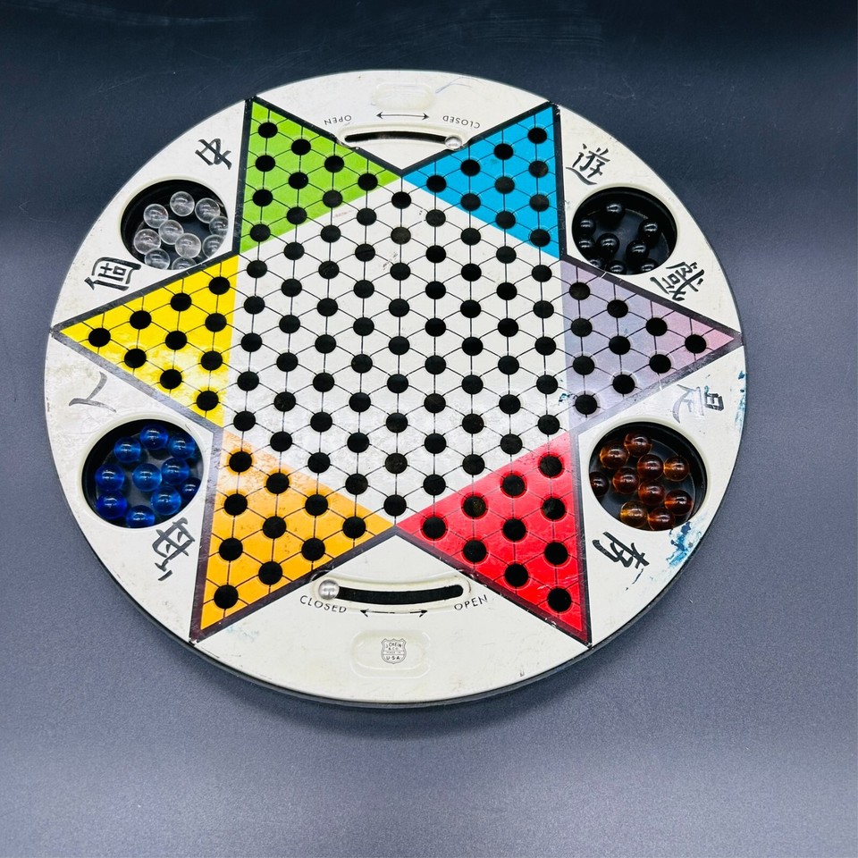 Vtg J. Chein Chinese Checkers 10 Inch Metal Tin w Marbles Twist Close ...