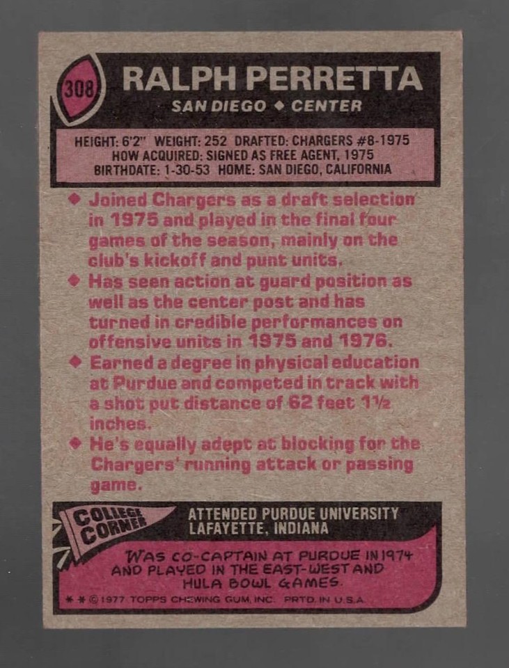 1977 Topps Ralph Perretta San Diego Chargers #308 Excellent | eBay