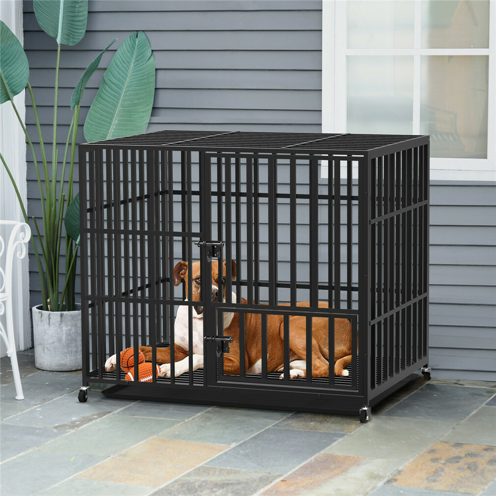 Super Strong Metal Dog Cage Black Pet Kennel with Wheels Crate Tray XL ...