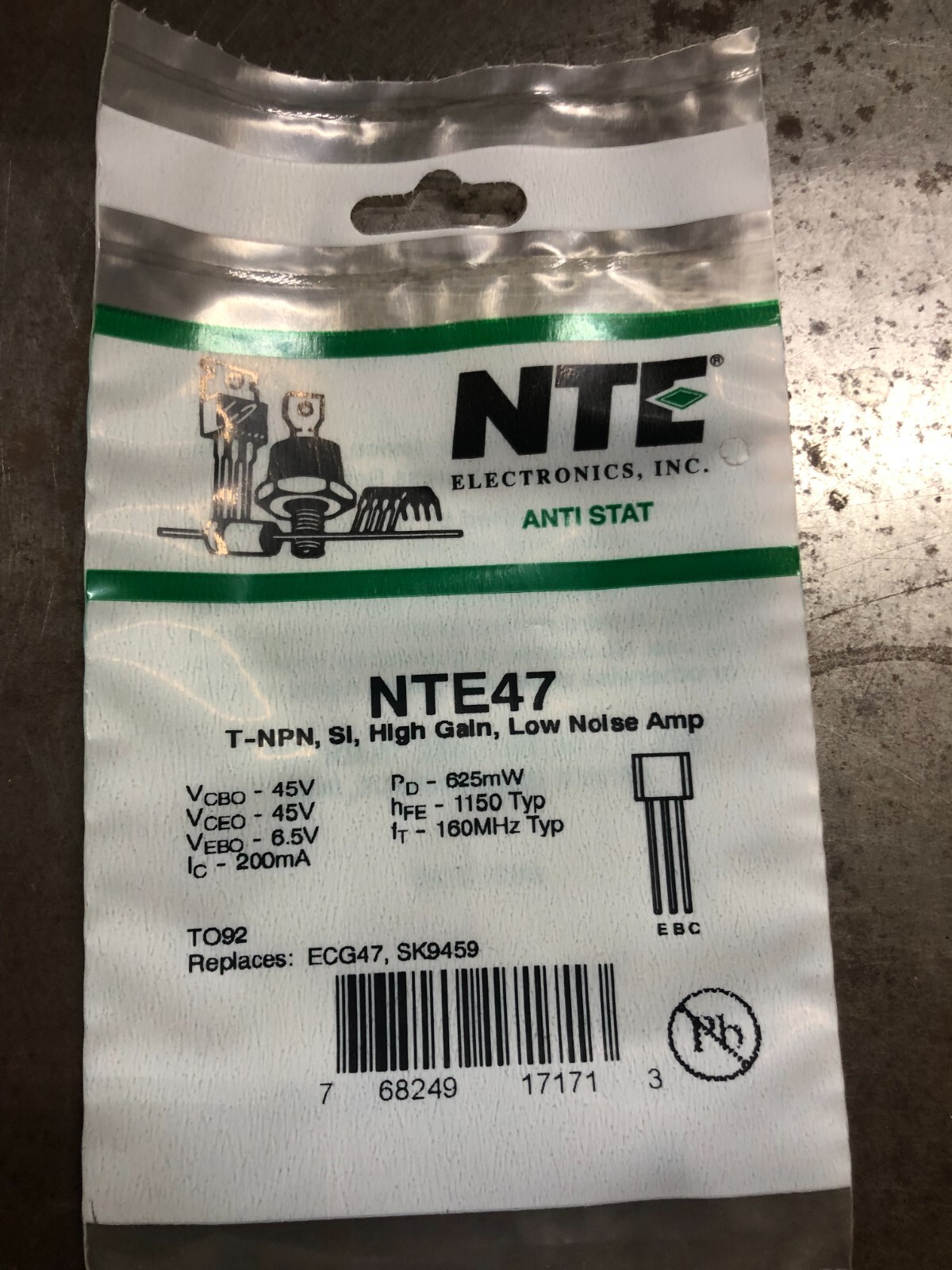 NTE47 Silicon NPN High Gain Low Noise Amp 45V 200mA TO92 | eBay