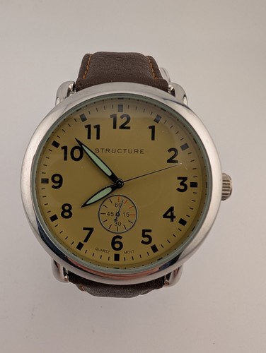 Structure Watch Men 44mm Silver Case Brown Faux Leather Band- New ...