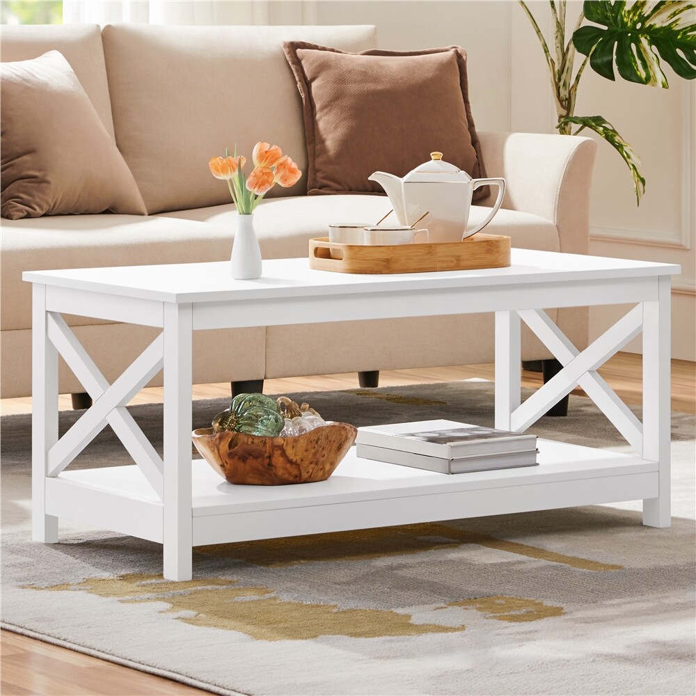 47 Inch Modern Farmhouse Double Drawer Coffee Table For Living Room Or