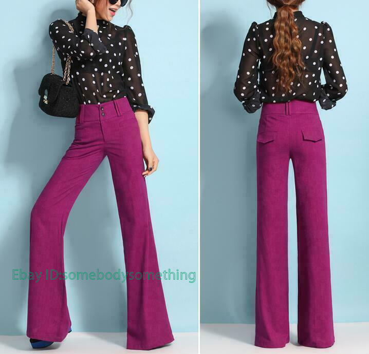 Womens Wide Leg Bell Bottom Formal Dress Long Pants High Waist Trousers ...