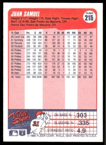 1990 Fleer Juan Samuel New York Mets #215 | eBay
