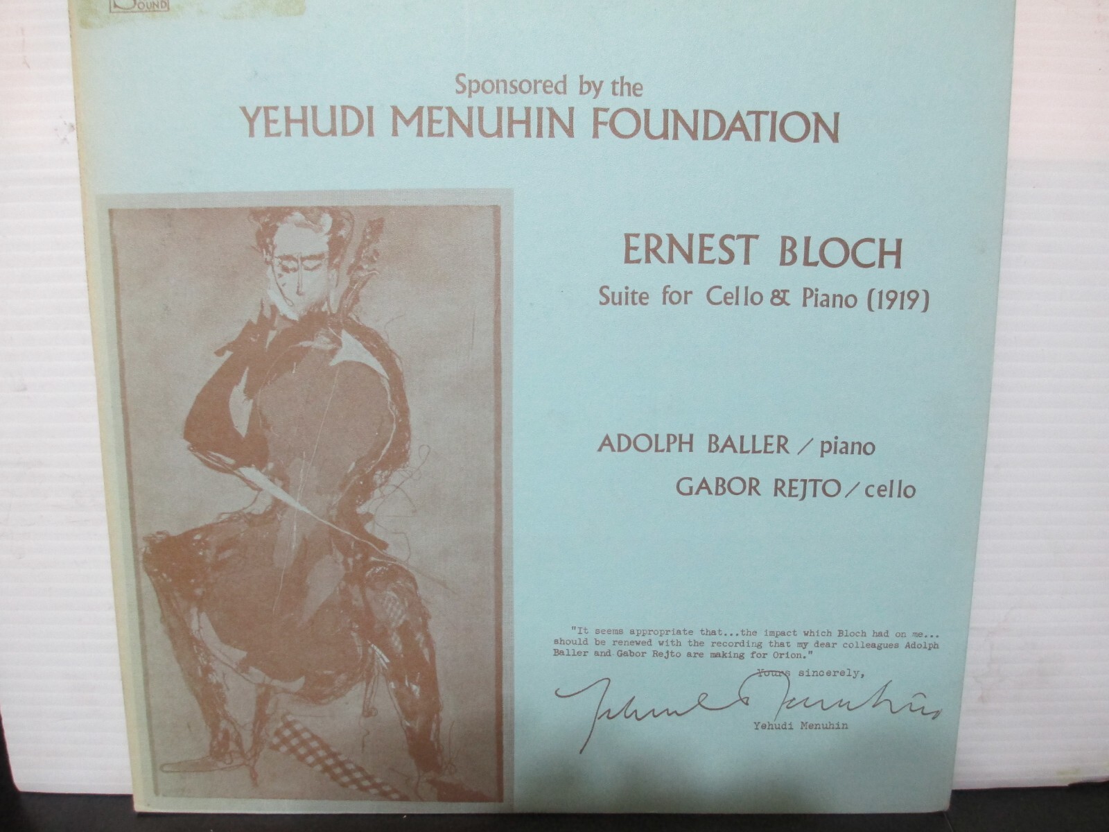 YEHUDI MENUHIN FOUNDATION,ERNEST BLOCH, SUITE FOR CELLO, BALLER,REJTO ...
