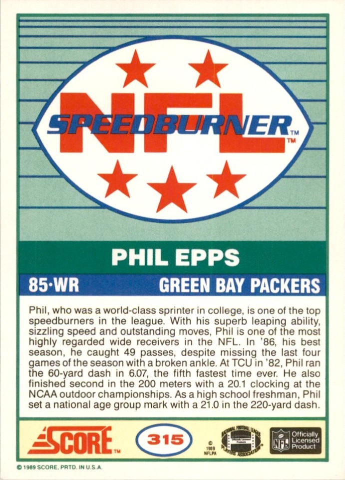 1989 SCORE PHIL EPPS GREEN BAY PACKERS #315 | eBay