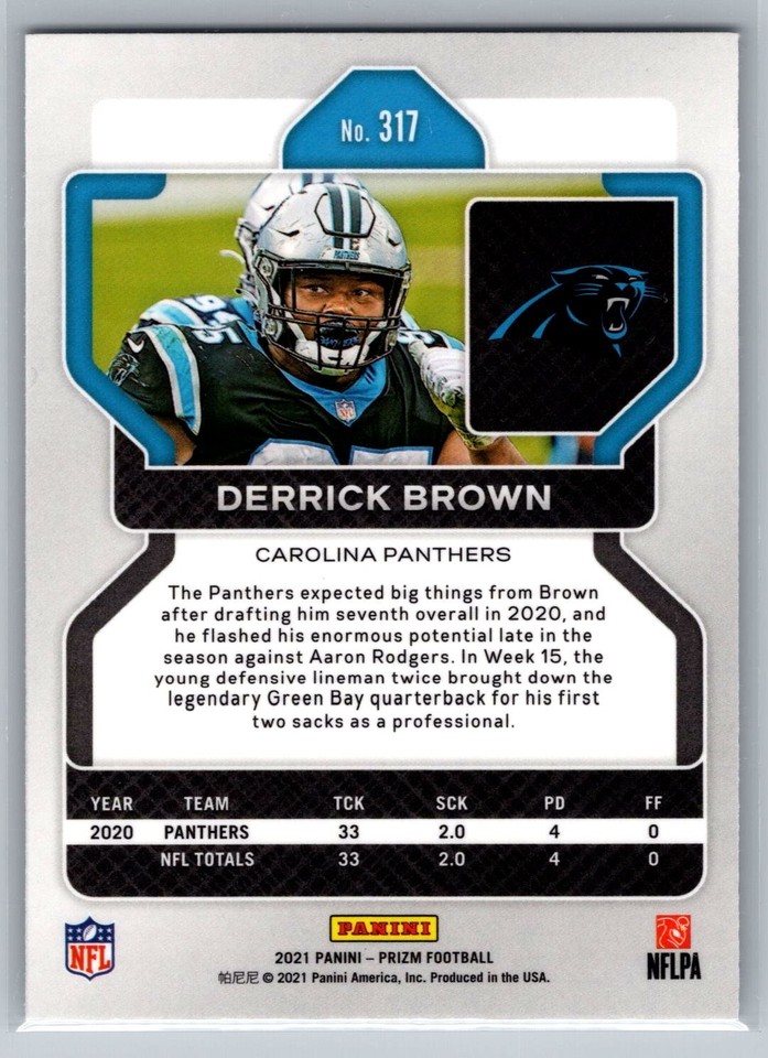 Derrick Brown Carolina Panthers 2021 Panini Prizm Silver Base #317 | eBay
