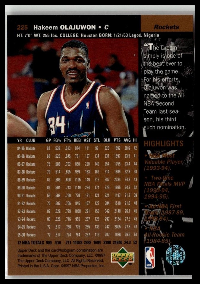 1996-97 Upper Deck #225 Hakeem Olajuwon | eBay